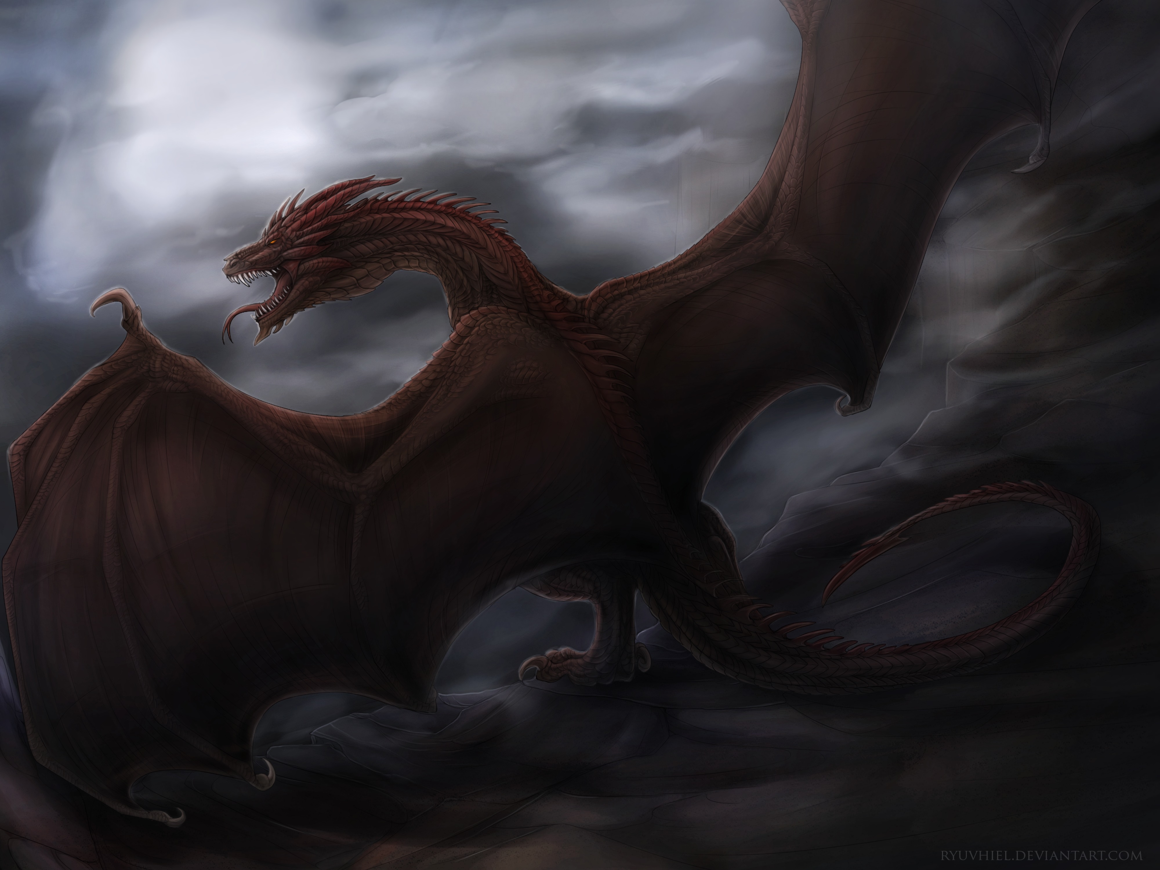 Wallpaper Brown Dragon With Wings Illustration, Background - Download ...