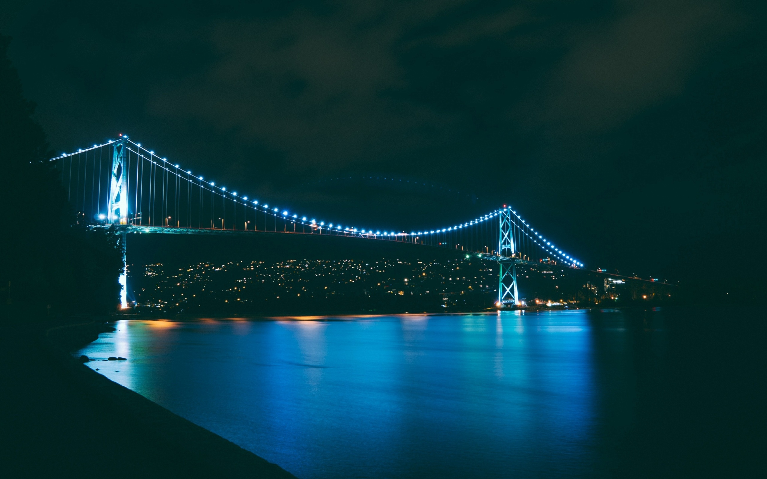 Wallpaper Lighted Bridge Over Water During Night Time, Background ...