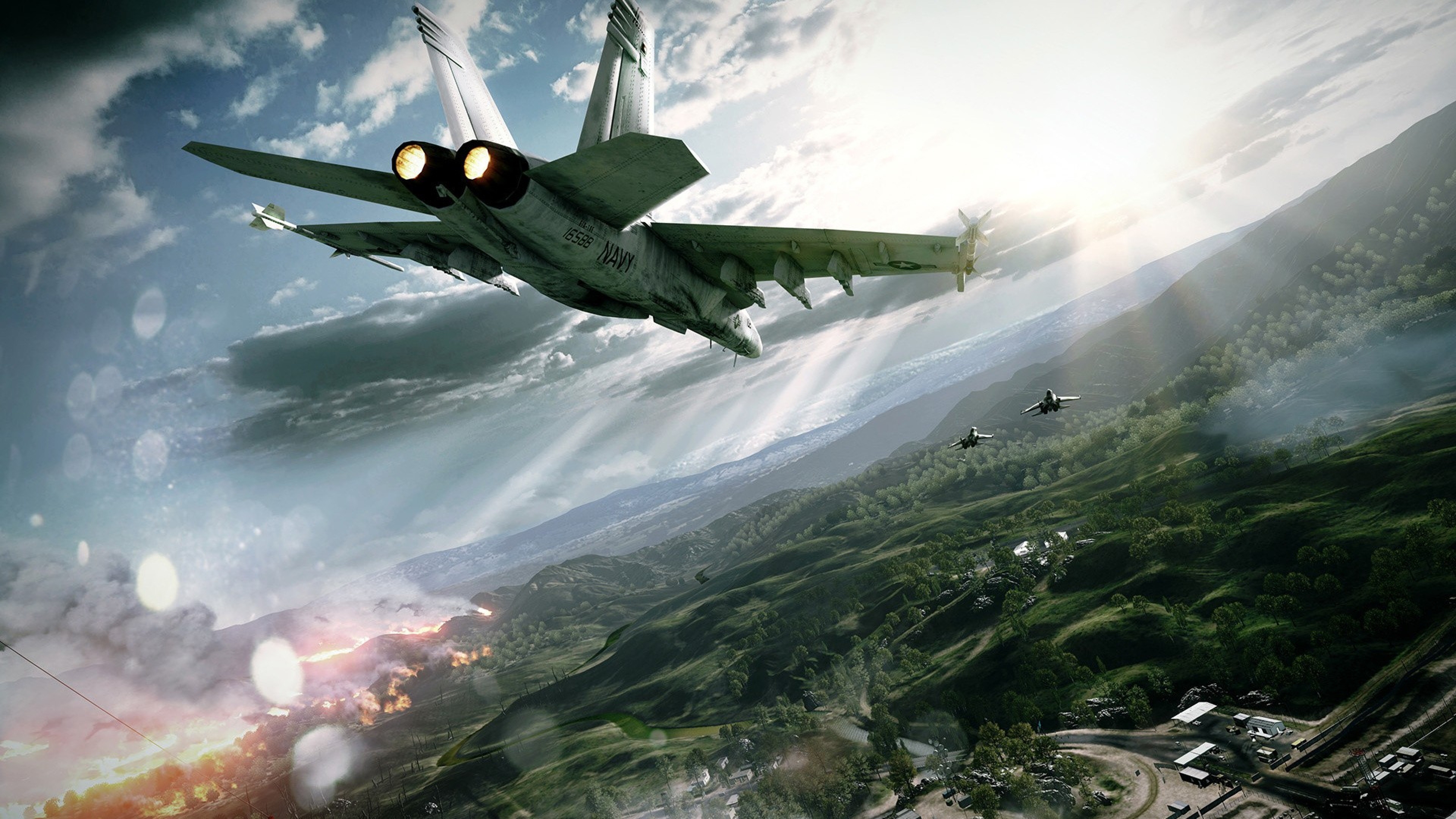 Wallpaper White and Black Jet Plane Flying Over Green Grass Field ...
