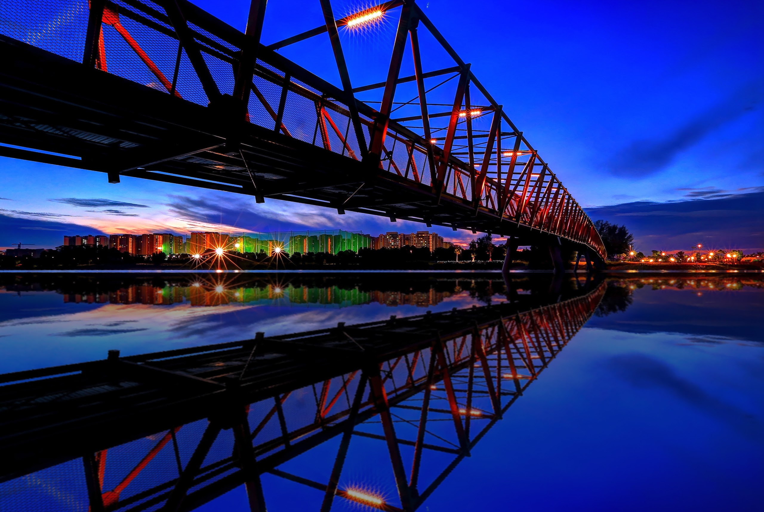 Wallpaper Brown Wooden Bridge Over River During Night Time, Background ...