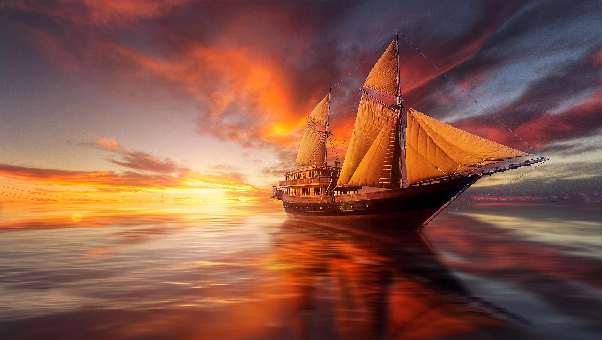 Wallpaper Brown Sail Boat on Body of Water During Sunset, Background ...